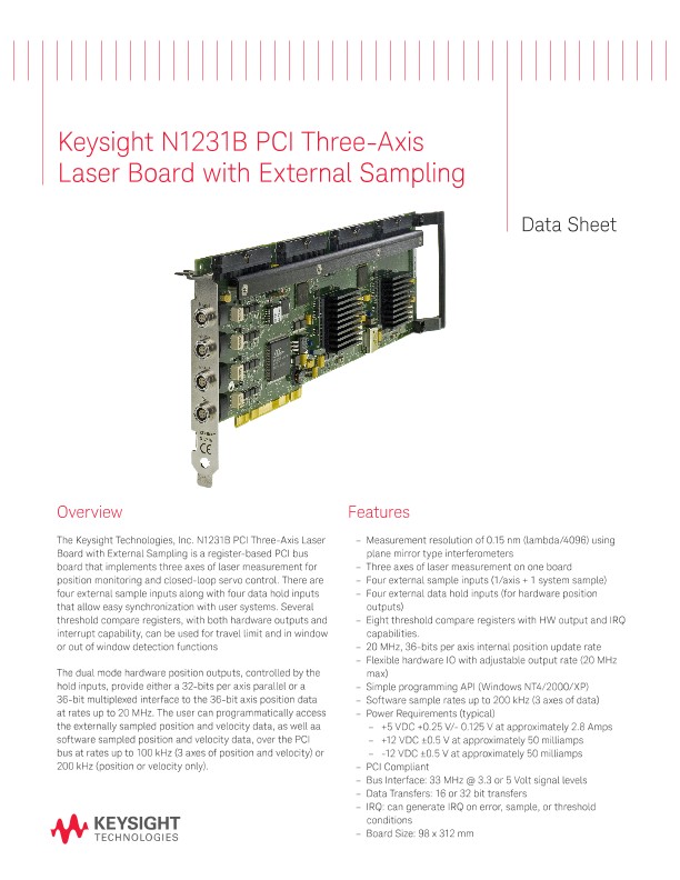 N1231B PCI Three-Axis Laser Board with External Sampling PDF Asset Page | Keysight
